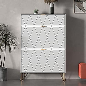 UEV Shoe Cabinet,Freestanding Shoe Rack Storage Organizer with Drawers & Metal Legs,Modern Shoe Storage Cabinet with 3 Flip Drawers for Entryway (White)