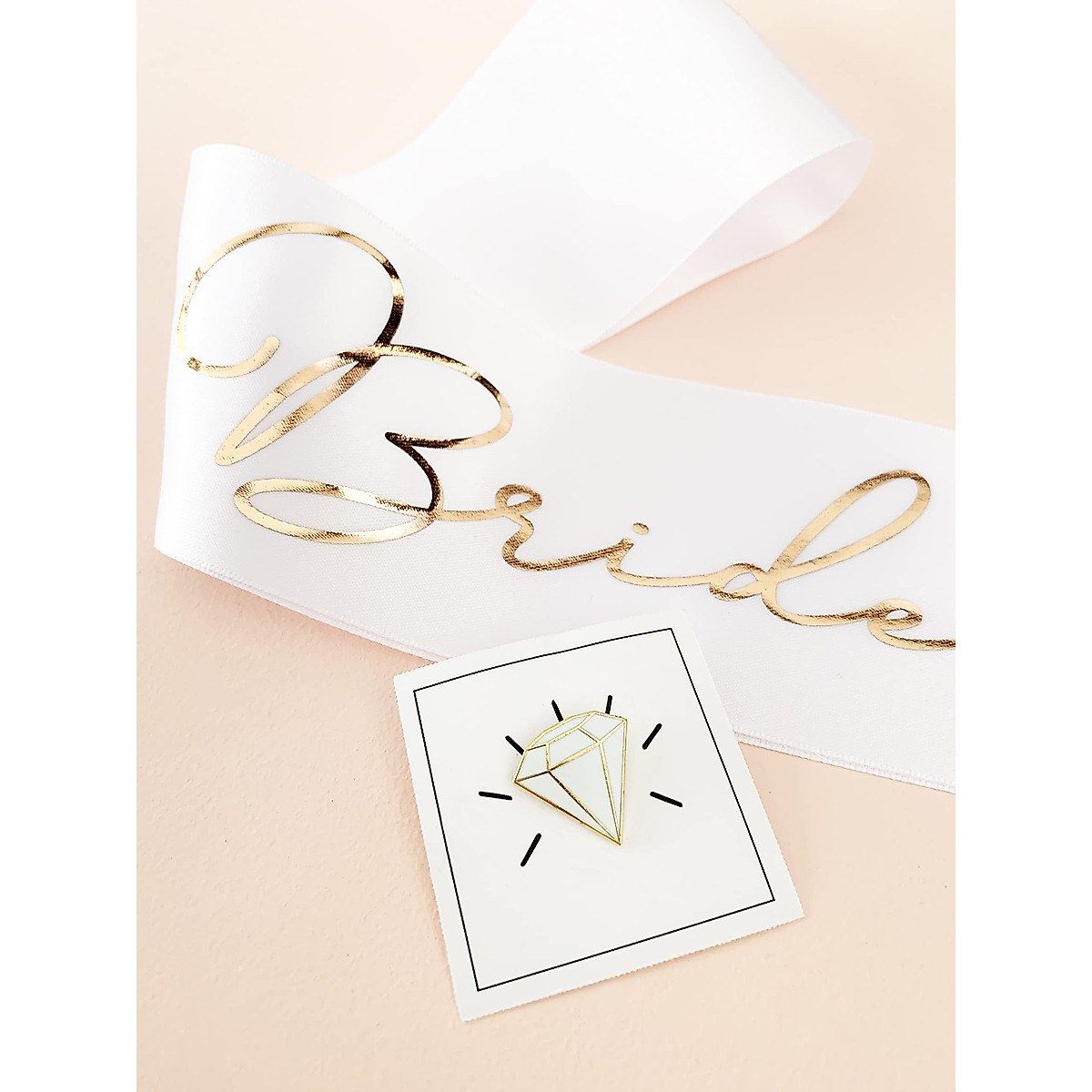 ModParty Bride to Be Sash| Bachelorette Party Sash | White + Gold Sash For Bride | Bridal Shower White Satin Sash | Includes Diamond Pin + Gift Box | Bachelorette Decorations