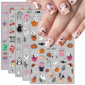 JMEOWIO 9 Sheets Halloween Nail Art Stickers Decals Self-Adhesive Pegatinas Uñas Horror Ghost Witchy Spider Web Bat Cat Pumpkin Spook Nail Supplies Nail Art Design Decoration Accessories