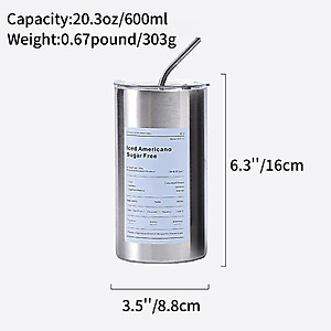 20OZ insulation and cooling ice cream cup, simple office portable car straw water cup, vacuum double-layer coffee cup, 304 stainless steel cold and hot drink travel cup (Silvery)