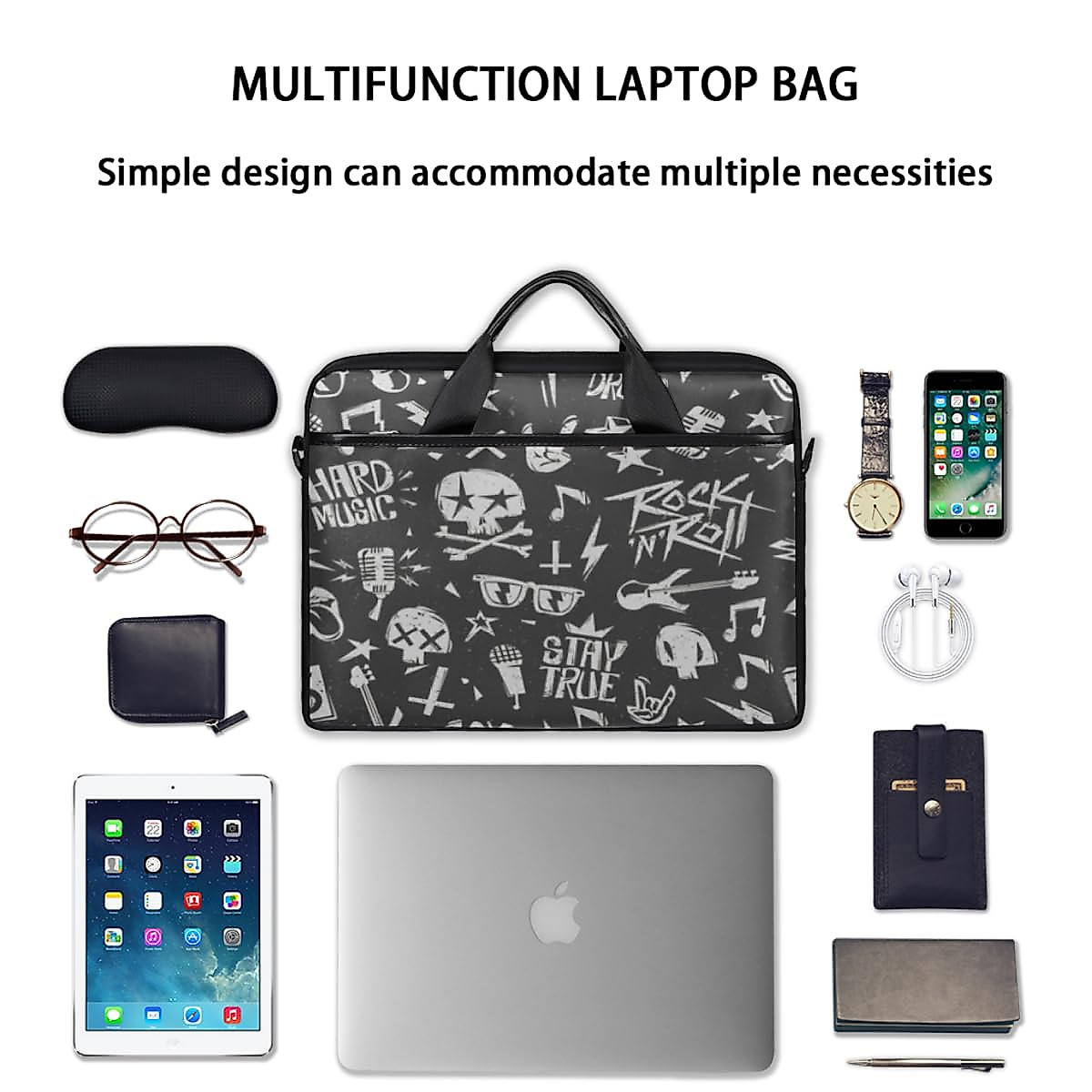 Music Skull Laptop Computer Bag Waterproof Shoulder Messenger Bag 13-15 inch Durable Laptop Tote Bag with Shoulder Strap Handle Lightweight Crossbody Briefcase