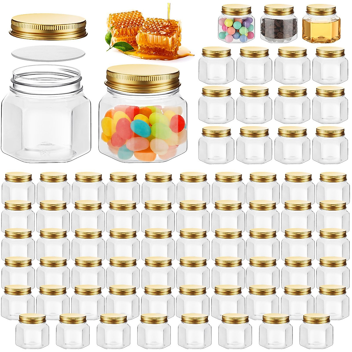 Yaomiao 75 Packs 3 oz Hexagon Plastic Jars with Gold Lids Mini Honey Jars Wide Mouth Small Spice Canning containerfor Party Wedding Favors, DIY Gift, Jams, Candy, Candle, Herbs