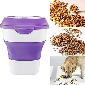 SUT Foldable Food Storage Container with Measuring Cup, Lid&Wheels, 15 Lbs Dog Cat Pet Food Storage Container, 30 Lbs Airtight Cereal Flour Rice Storage Container, Leakproof Sealable Dry Holder,Purple