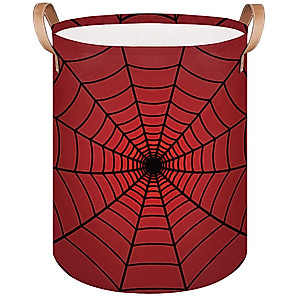 Collapsible Laundry Hamper Basket, Red Spider Web Round Laundry Basket with Leather Handle Storage Organizer Bin for Toys Bin Nursery Home Storage Bedroom Decor