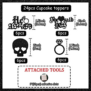24Pcs Gothic Engagement Cupcake Toppers He Asked She Said Yes Cupcake Toppers Black Glitter Heart Ring Bachelorette Cake Decorations for Halloween Wedding Engagement Bridal Shower Party Supplies