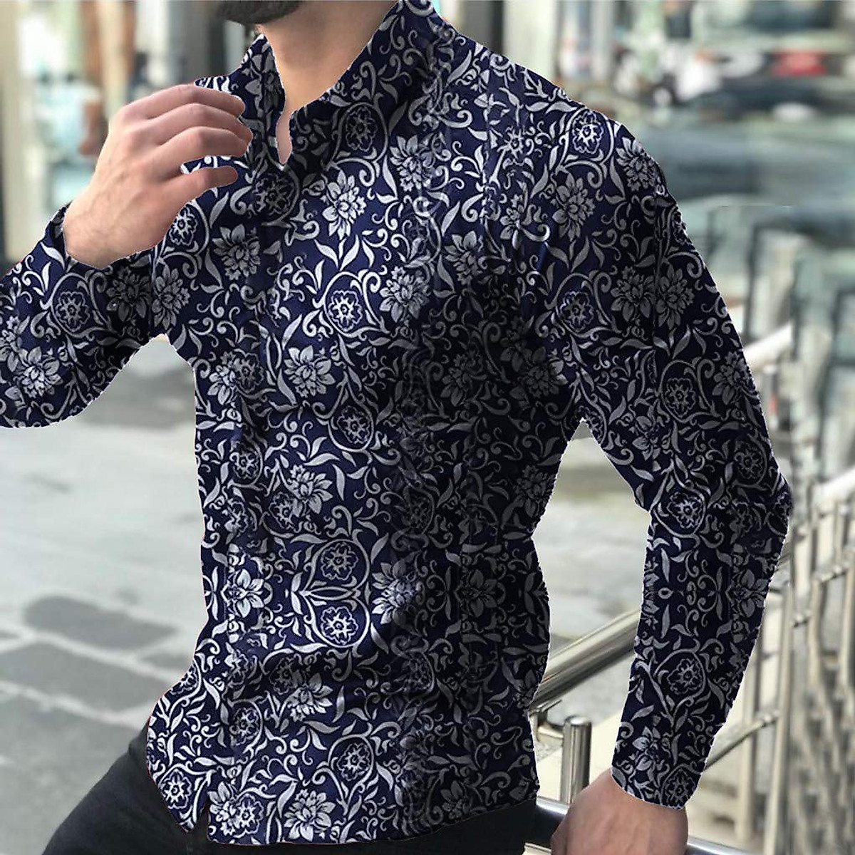 Men's Casual Hawaii Floral Printed Shirts Loose Long Sleeve Button Lapel T-Shirt Fashion Top Blouse