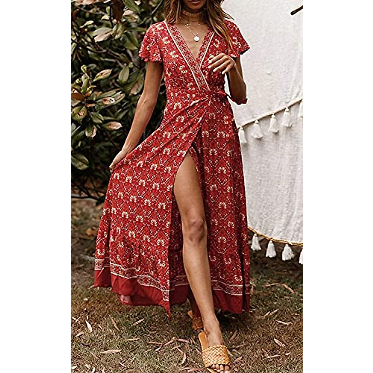 ZESICA Women's 2023 Bohemian Floral Printed Wrap V Neck Short Sleeve Split Beach Party Maxi Dress,Red2,Medium