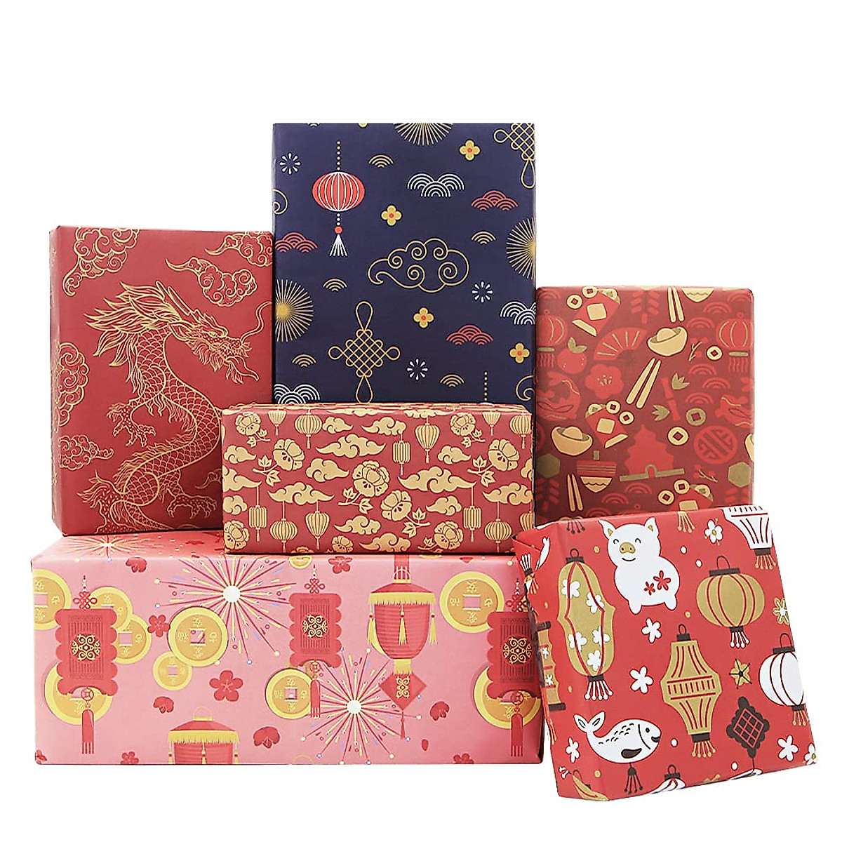 Gift Birthday Wrapping Paper Eastern China Theme For Mom Dad Boys Girls Friends, 20x28" Per Sheet(6 sheets:23 sq.ft.ttl.) Red Gift Wrap for Chinese Lunar New Year 2022 Spring Festival Wedding Baby Shower Christmas