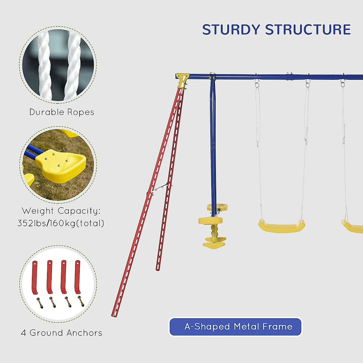 Outsunny Metal Swing Set with Glider, Two Swing Seats and Adjustable Height, Outdoor Heavy Duty A-Frame Suitable for Playground, Backyard, Multi-Color