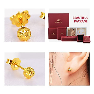 Solid 18k Gold Ball stud Earrings for Women Real Gold, Dainty Diamond-Cut Yellow Bead Push Back Tiny Gift for Lady, Rose Gold With Certificate Fine Bride Jewelry Birthday Wedding Prom Party, 5MM