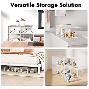 Foluck Shoe Storage Box, 12 Pack Clear Plastic Stackable Shoe Organizer for Closet, Interlocking Design Shoe Container Bins for Sneakers, Foldable Shoe Rack with Lids, White