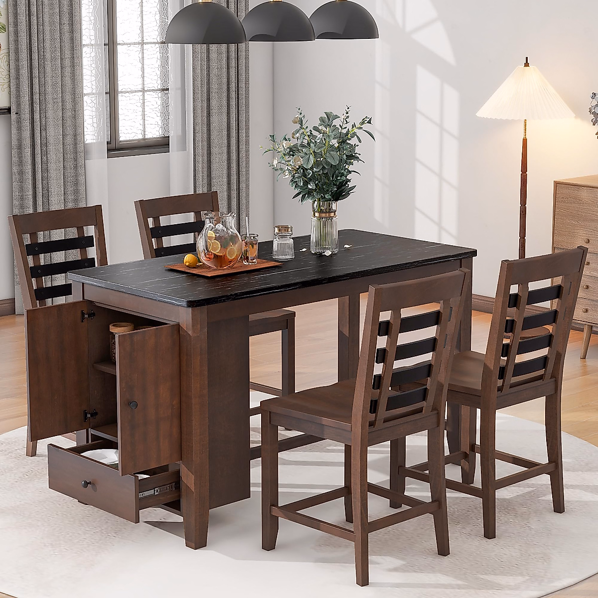 KLMM Retro Solid Wood 5-Piece Counter Height Dining Table Set with Faux Marble Tabletop,Storage Cabinet and Drawer,for Small Places Dining Room Use (Dark Walnut@Drawer)