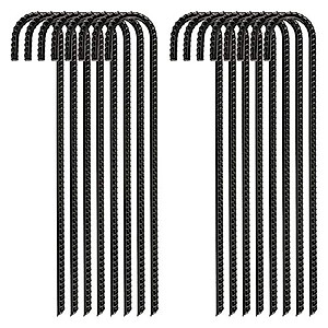 FEED GARDEN 16 Inch 16 Pack Rebar Stakes Heavy Duty J Hook, Ground Stakes Tent Stakes Steel Ground Anchors, Black