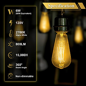 DiCUNO ST64 Edison LED Bulb 60W, Warm White 2700K, 6W LED Edison Bulb, Vintage Filament Light Bulbs for Decoration, 800LM, Non-Dimmable, Clear Glass, 80+ CRI, Pack of 6