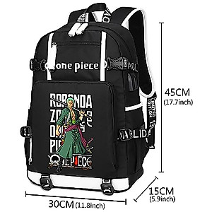 Roffatide Anime One Piece Laptop Backpack with USB Charging Port & Headphone Port Roronoa Zoro Rucksack with Printed Backpack for Men Women Graphic Travel Backpack