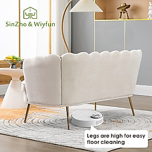 Sinzho & Wiyfun 59" W Upholstered Small Loveseat Sofa 2-Seat Couch Settee Love Seat with Gold Metal Legs for Small Space Mini Room, Chenille Fabric, Beige