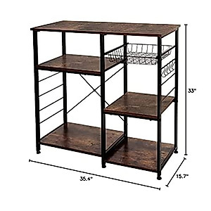 AZL1 Life Concept Industrial Kitchen Rack, Coffee Bar, Microwave Stand Metal Frame, Wire Basket 5 Hooks Mini Oven, Spices Utensils, Simple Assembly, 35.4inch, Rustic Brown