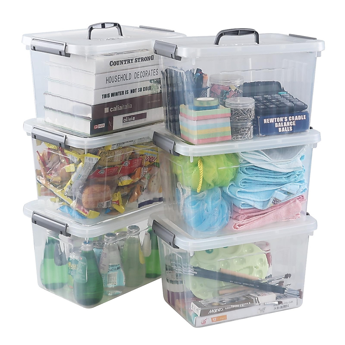 Xeabia 12 Quart Clear Storage Latch Box with Handles, Plastic Organizing Bin with Lid, 6 Packs