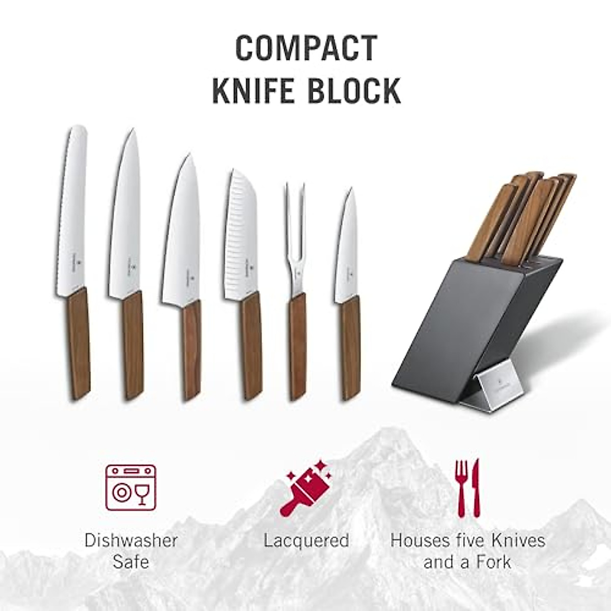 Victorinox Swiss Modern Knife Block - Knife Block with Knives - Includes Santoku Knife, Bread Knife, Chef's Knife & More - Premium Kitchen Accessories - Walnut Wood Handles, 6-Piece Set