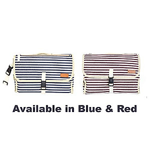 Simple Being Portable Changing Pad, Travel Diaper Canvas Clutch Mat, Diaper Bag Essential with Storage Pockets for Wipes and a Supportive Foam Head Pillow Padding (Red Stripe)