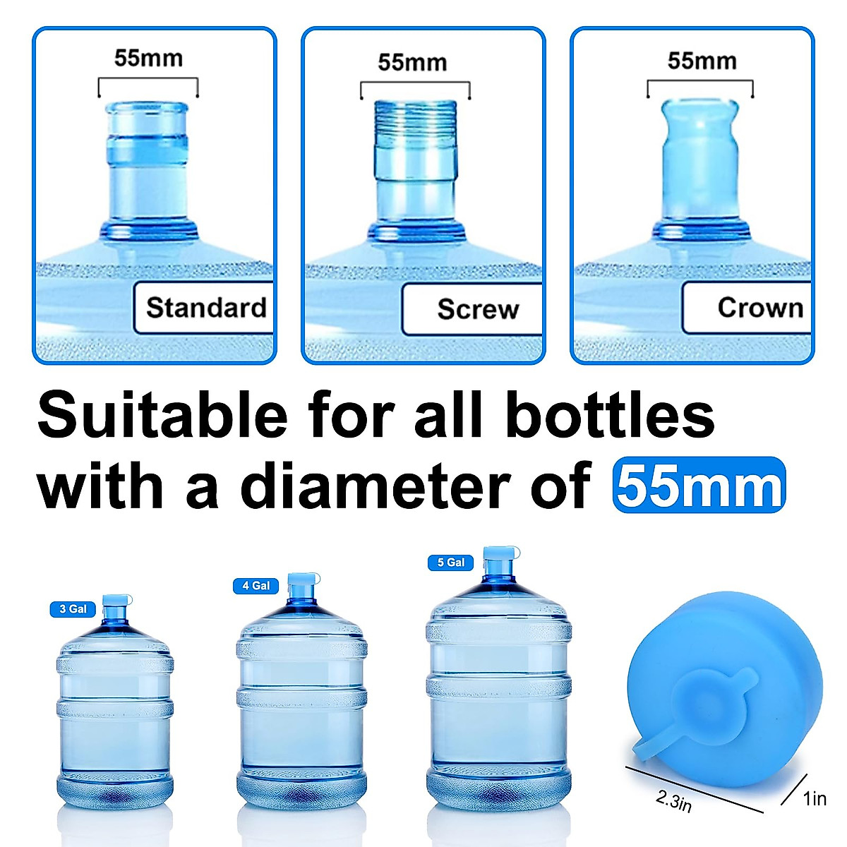 Myvision 3 and 5 Gallon Water Dispenser Caps, 5 Gallon Water Jug Cap, 5 Gallon Water Bottle Cap,Silicone Reusable Replacement Cap, Non Spill Bottle Caps for 2.1in/55mm Water Bottle-4 Pack