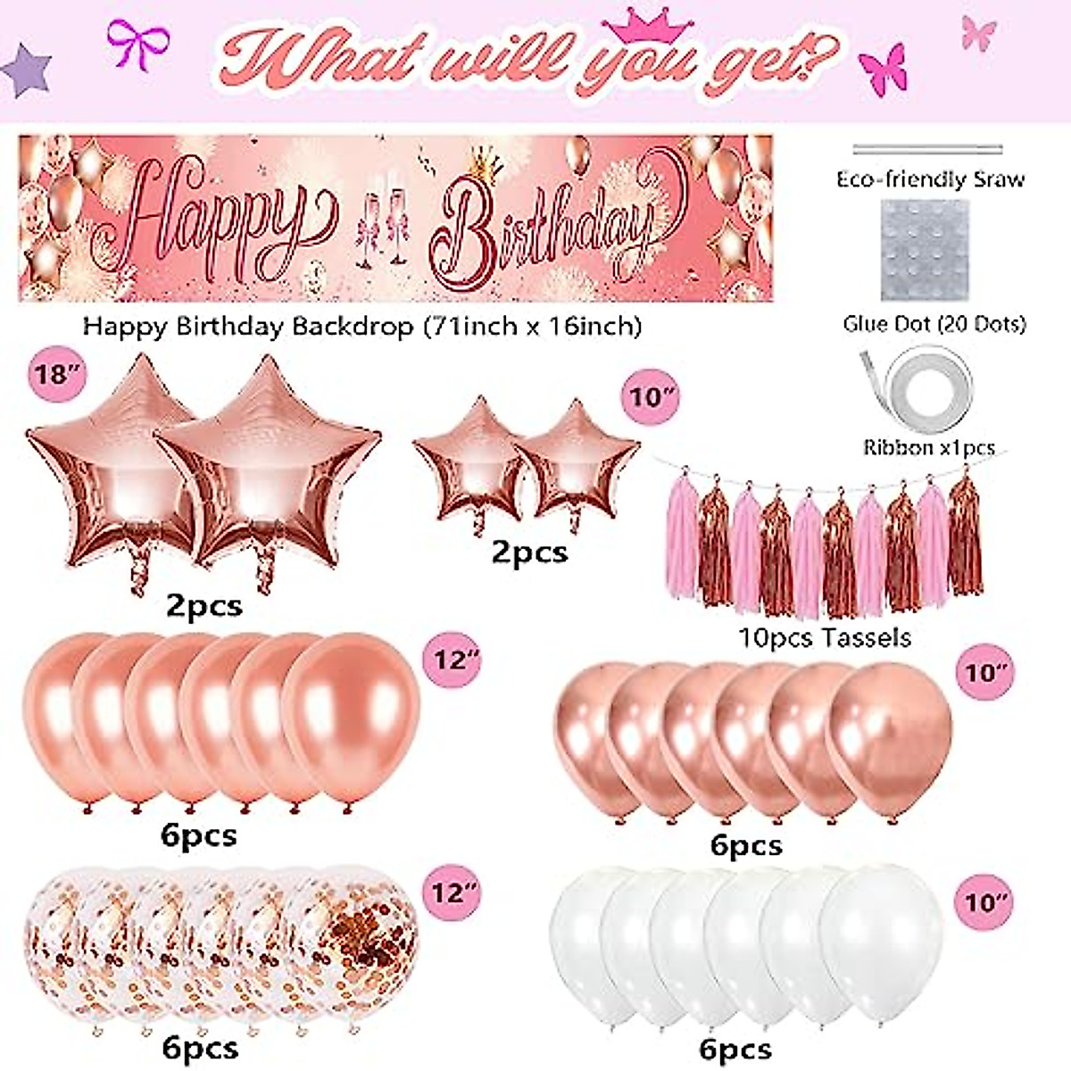 Rose Gold Birthday Party Decorations for Women, Happy Birthday Banner Backdrop, Rose Gold Stars Tassels Balloons Party Decorations Supplies for 16th 21st 30th 40th 50th Birthday Decorations Women Girl