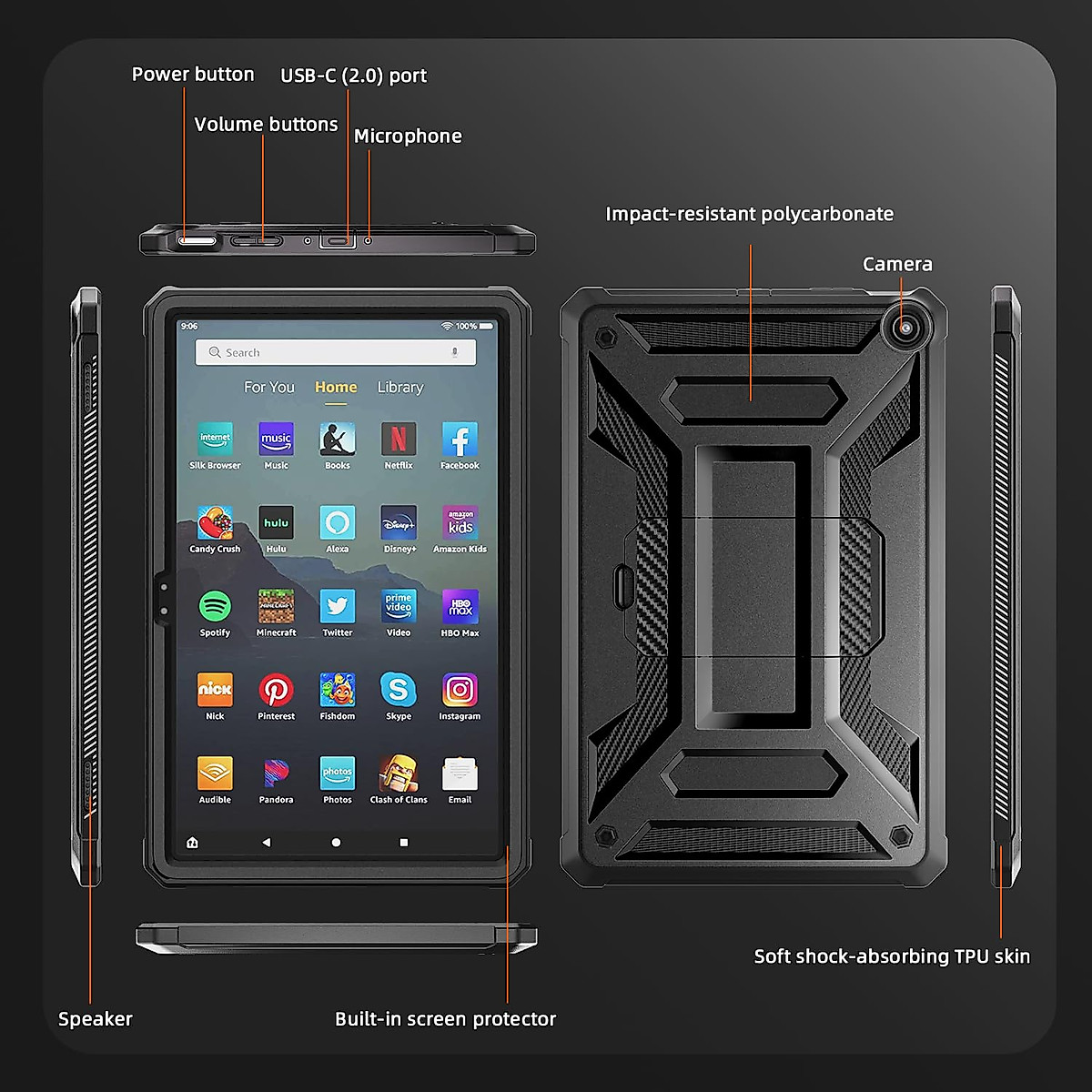 All-New Amazon Fire Max 11 Tablet case (13th Generation, 2023 Release), DJ&RPPQ Full Body Rugged Hands-Free Viewing Stand Back Cover with Screen Protector, Incompatible with iPad Samsung - Black