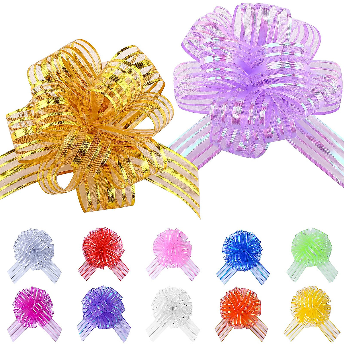 24 Pieces Pull Bow Mixed Color Large Organza Pull Bow Present Wrapping Pull Bow with Ribbon for Wedding Present Baskets (Multicolored)