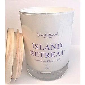 Natural Coconut + Beeswax Scented Candle Island Retreat in Glossy White Jar with Lavender Text, 11 Oz.