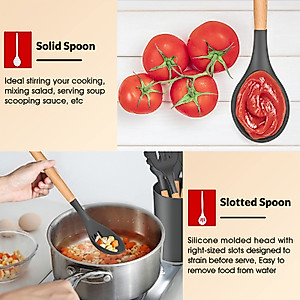 E-far Cooking Utensils Set of 6, Silicone Kitchen Utensils with Wooden Handle, Non-stick Cookware Friendly & Heat Resistant, Includes Spatula/Ladle/Slotted Turner/Serving Spoon/Spaghetti Server(Gray)
