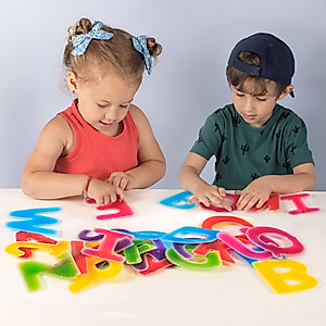 Playlearn 26pc Large Size Sensory Alphabet Letters - Multiple Textures - Gel Filled Tactile Letters - ABC Learning Toy - Light Table Toy