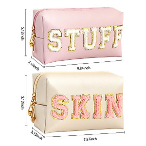 HBlife Pack of 3 Preppy Makeup Bag PU Leather Travel Toiletry Bag Set for Women Portable Chenille Letter Cosmetic Bag Waterproof Pouch Cute Zipper Organizer, Stuff, Skin and Hair