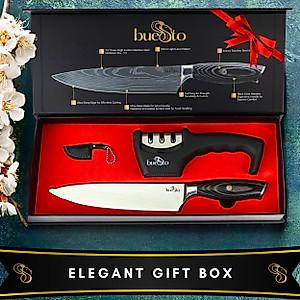BUESTO Professional Chef Knife - 7cr17mov HC Japanese Knife - 8'' Kitchen Knife - Chefs Knife with Knife Sharpener - Ergonomic Handle Sharp Knife - Unique Gifts for Men and Women - Premium Gift Box