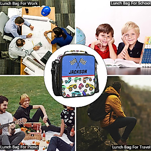 OMFUNS Racing Car Custom Name Reusable Lunch Bag for Kids Boys Teen, Colorful Truck Personalized Insulated Lunch Box Thermal Cooler Customized Lunch Tote Bag for School Picnic