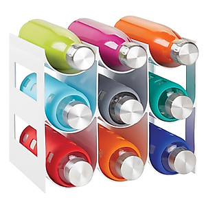 mDesign Plastic Free-Standing Water Bottle Organization/Wine Rack Storage Organizer for Kitchen Countertops, Cabinet, Bin, Pantry, Fridge, Refrigerator, 3 Tiers, 9 Bottles, Lumiere Collection - White