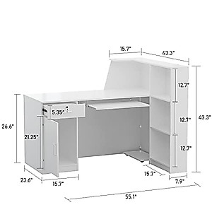 FAMAPY Modern Reception Desk Counter Desk for Retail & Checkout, Front Counter Table, L-Shaped, Black Tapes, Large Storage, for Office Boutique Lobby White (55.1”W x 23.6”D x 43.3”H)
