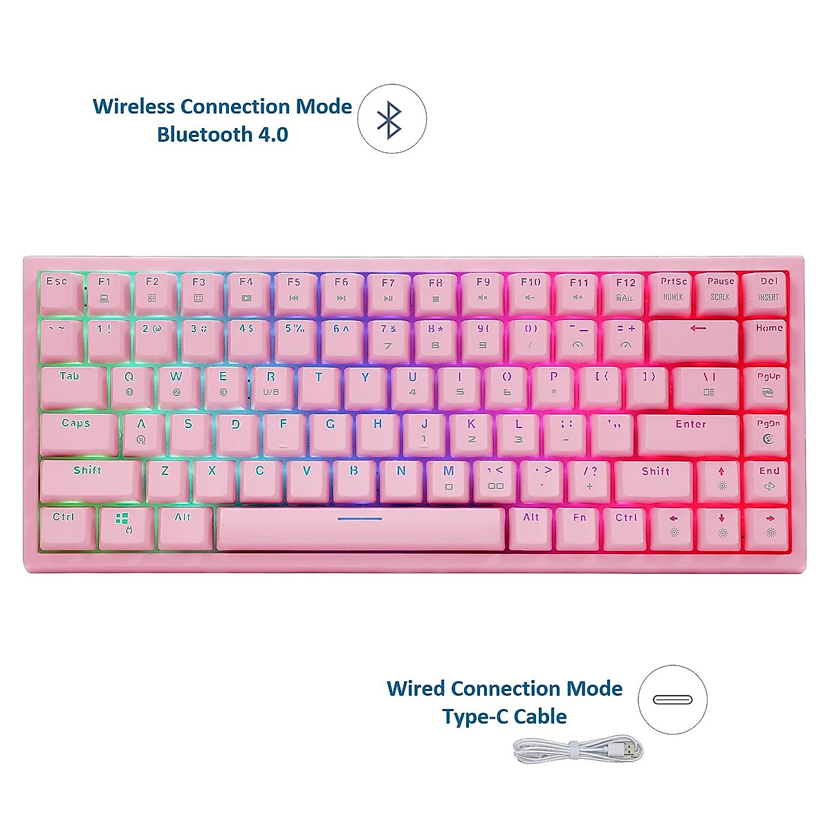 CQ84 Wireless Mechanical Keyboard 60%, Wired Bluetooth Gaming Keyboard, Brown Switches, RGB Backlit, Compact 84 Keys, for Windows Computer, Smartphone, Mac, Gamer, Office