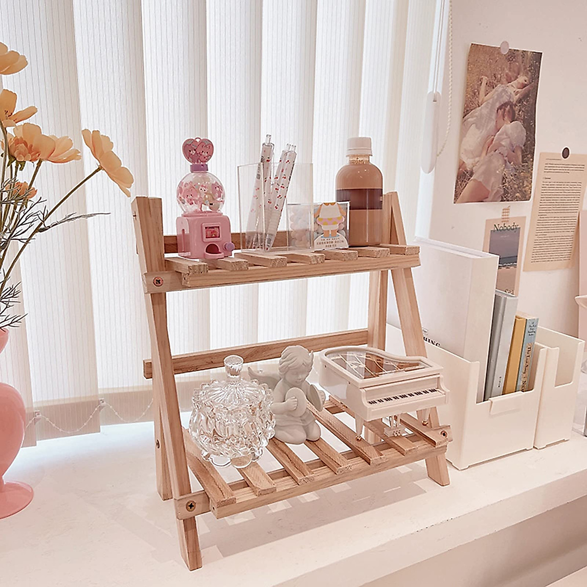 Wooden Double Layer Rack Desk Storage Organizer, Foldable 2-Tier Ladder Shelves, Durable Shelf Flower Pot Seasoning Storage Racks, Sundries Shelf, Home Decor Organizer(Ladder)