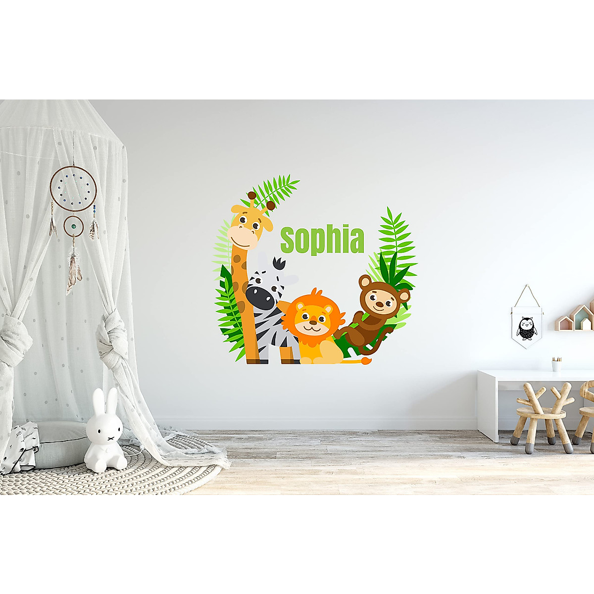 Jungle Animals Custom Name Wall Decal - Baby Safari Animals Series Theme Wall Art Decal - Wall Decal for Nursery Bedroom playroom Decoration (Wide 15"x13" Height)