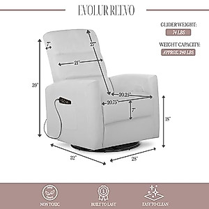 Evolur Reevo Upholstered Faux Leather Seating Glider Swivel in Misty Grey, Greenguard Gold Certified Rocker, Massager, Tool-Free Assembly, Easy to Clean