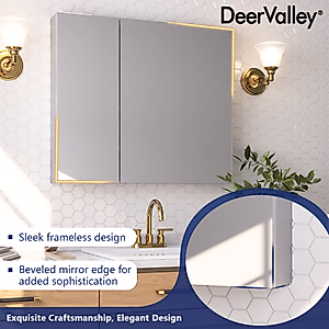 Deer Valley Medicine Cabinet with Mirror, 26 x 30 Inch Double Doors Bathroom Mirror Medicine Cabinet with Adjustable Glass Shelves, Frameless Surface Mount Wall Cabinet, Beveled Edge