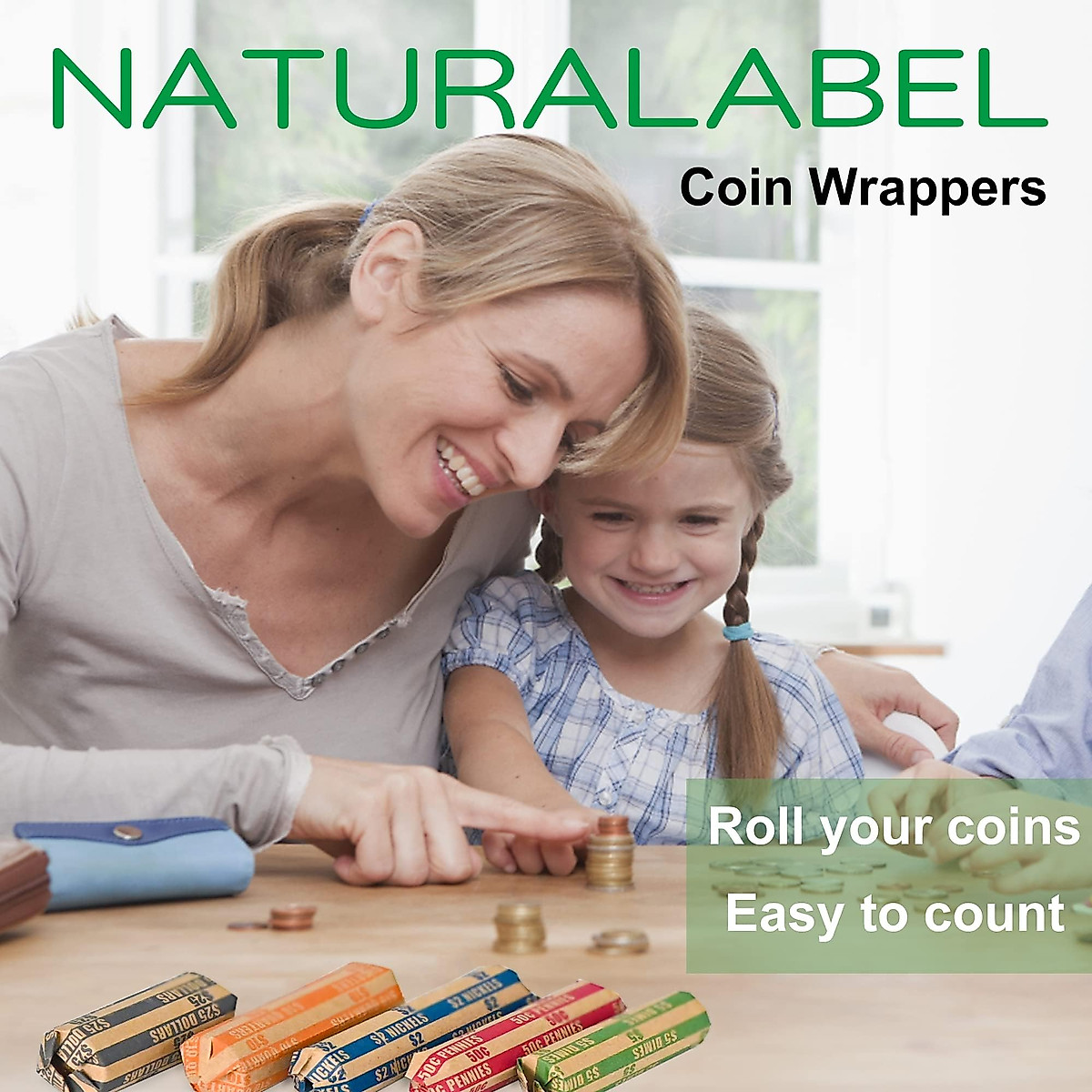 NATURALABEL 250 Assorted Flat Coin Wrappers, 50 Each of Quarters, Dollars, Dimes, Nickels, Pennies, Coin Striped Kraft Packing