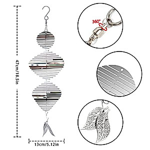 Wind Spinners, 2× 3D Helix Stainless Steel Outdoor Hanging Wind Spinner, 2× Leaf-Like Metal Pendant and 3× 360° Rotating Hooks with Wirerope, Reflective Decor for Outside Yard and Garden (2 Pack)