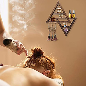 FM Moon Phase Triangle Shelf with Hooks - Moon Shelf for Crystal Display - Jewelry Hanger Key Holder - Aesthetic Room - Boho Moon Decor - Farmhouse Wall Decor (Small, Dark Brown)