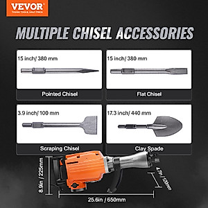 VEVOR Demolition Jack Hammer, MAX 2200W Electric Jackhammer Heavy Duty, 1350 BPM Concrete Breaker 4pcs Chisels Bit Chipping W/Case, Gloves
