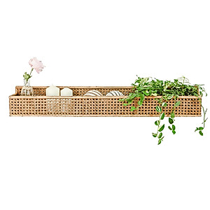 Synovana Boho Long Rattan Wall Shelf Farmhouse Woven Wall Mounted Shelf Basket Organizer Storage Rustic Floating Hanging Wall Shelf for Livingroom Home Decor