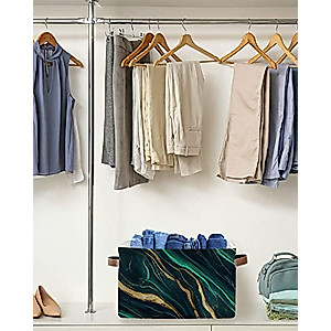 Marble Emerald Green Cube Storage Organizer Bins with Handles, 15x11x9.5 Inch Collapsible Canvas Cloth Fabric Storage Basket, Modern Abstract Gold Art Books Kids' Toys Bin Boxes for Shelves, Closet