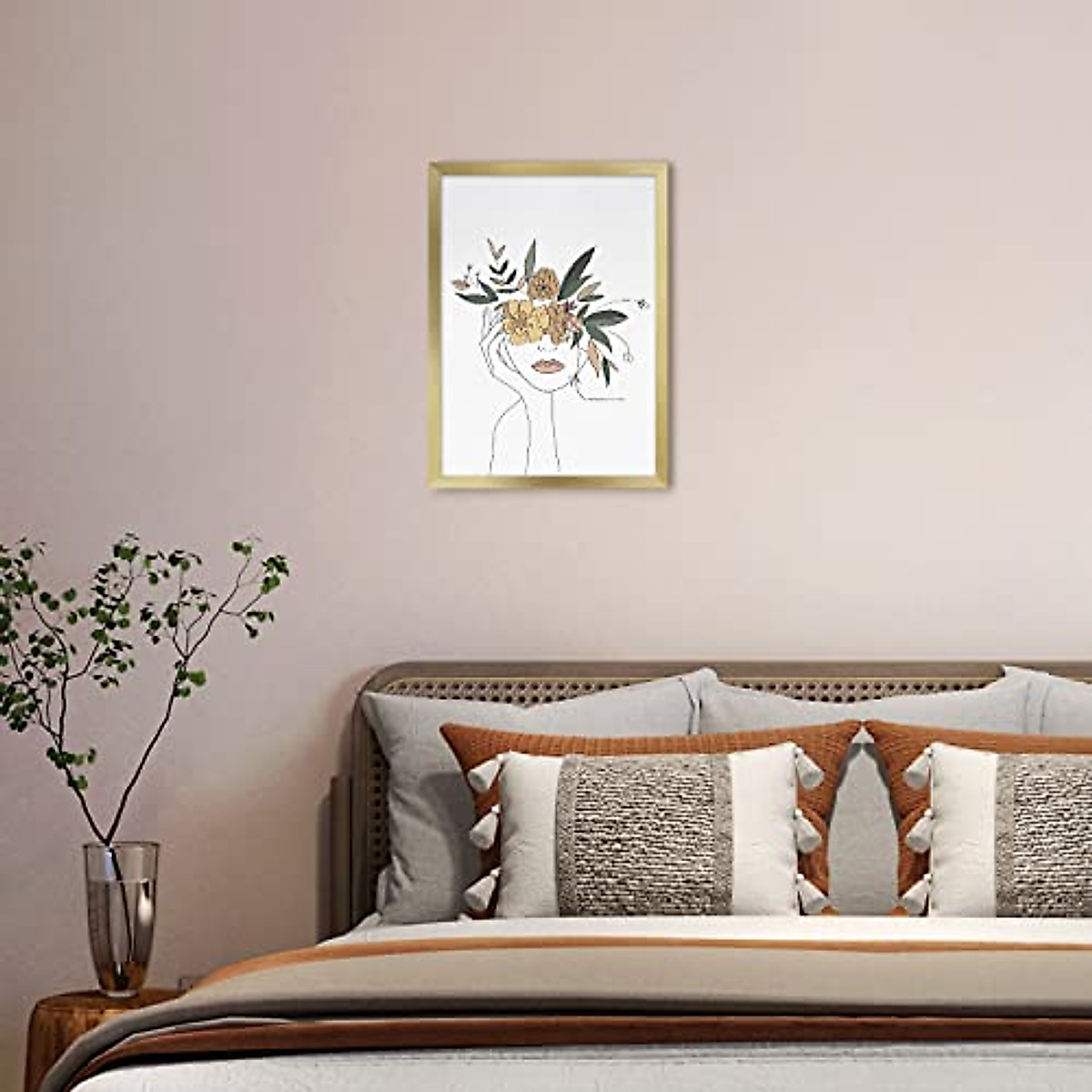 GXOBOCX Canvas Wall Art Abstract Woman Holding Face Flower on Head Illustration Modern Art Minimalist Wall Art for Living Room Bathroom Decor (Gold Framed, 12x16 inches)