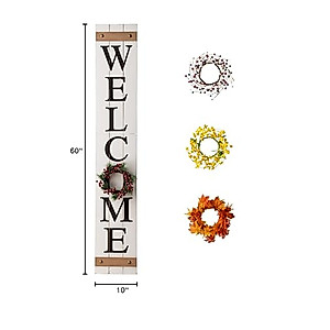 Glitzhome Welcome Sign for Front Door Porch Rustic Farmhouse Wooden Hanging Wall Decor with Interchangeable Floral Wreath, 60" H, White