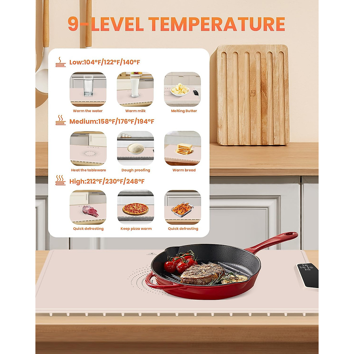 Electric Food Warming Mat with 9 Adjustable Temperature, Silicone Food Warming Tray for Buffet, Food Warmer for Countertop With Child-Lock & Auto Shut-Off, Food Heating Mat for Parties, Everyday